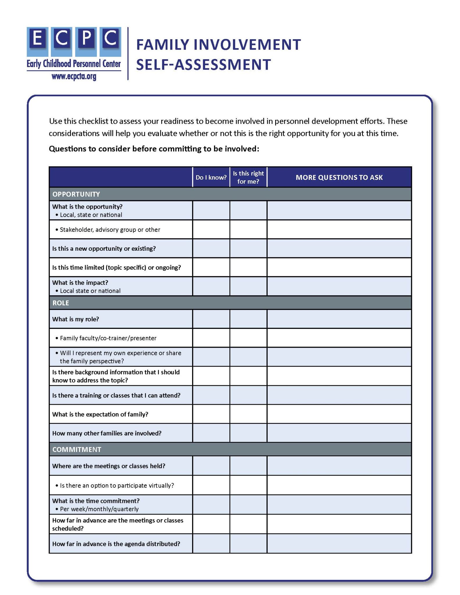 Family Involvement Self Assessment - Exceptional Children's Assistance ...